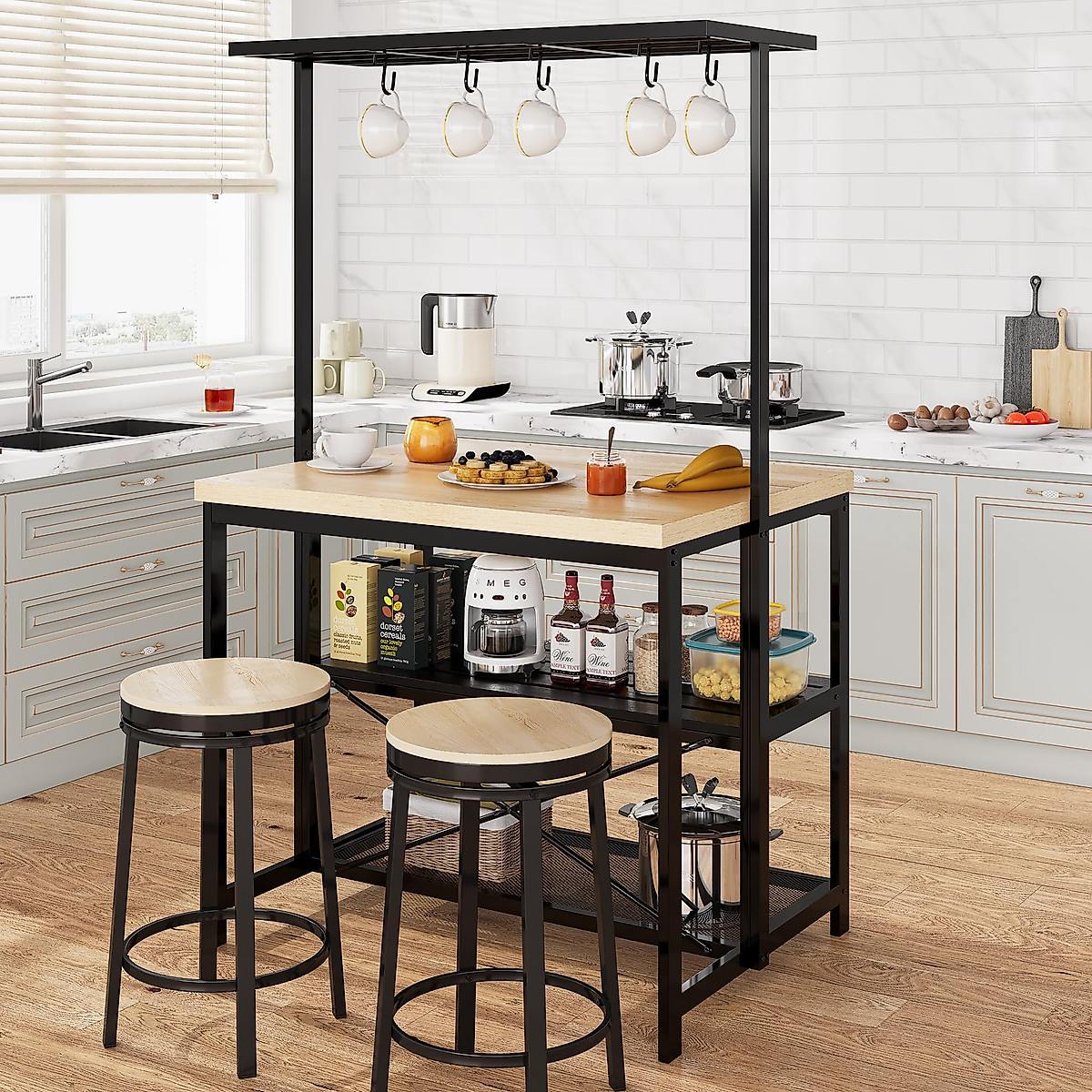 Alkmaar 42" Large Kitchen Island Bakers Rack Microwave Oven Stand Kitchen Shelf with 3 Tier Storage, Metal Coffee Bar Table,Kitchen Storage Shelf for Dining Living Room, 5 Hooks, 42"*28"*72"