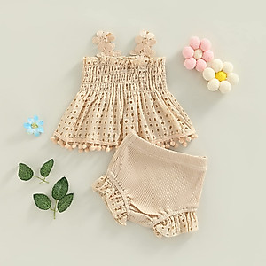 Newborn Baby Girls Clothes Sets Waffle Floral Print Sleeveless Bodysuits+Ruffles Drawstring Summer Shorts+Headband (Y-Apricot, 0-3 Months)