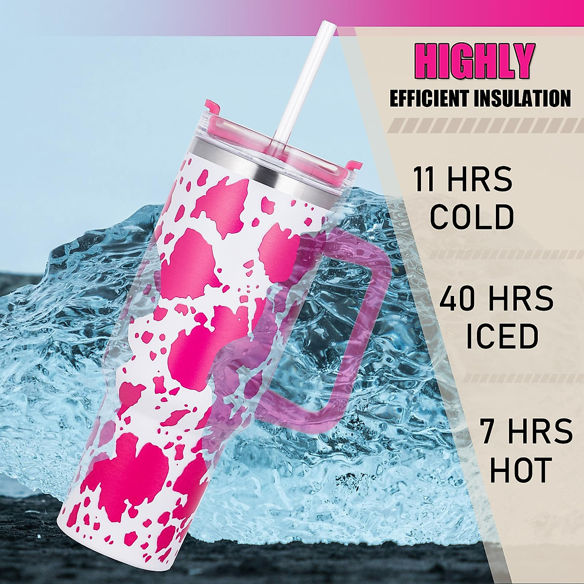 Xereizo 40 oz Tumbler with Handle and Straw, Leak Proof Stainless Steel Insulated Travel Coffee Tumbler Cups Lid and Straw, Iced for 40 Hours Cupholder Friendly Water Bottle Mug, Cow Stripe Rose Red
