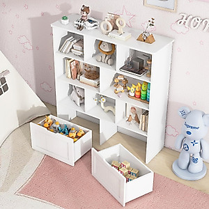 Toy Storage Organizer with Bookshelf, Large Toy Organizers and Storage 2 Movable Drawers with Hidden Wheels and 8 Storage Cubbies, Kids Bookshelf and Toy Storage Chest, Playroom Furniture, White