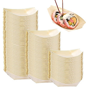 DOERDO 100pcs 3.5 Inch Bamboo Wooden Boat Disposable Wood Boat Plates Dishes Sushi Boat Sushi Serving Tray Food Container Wood Bowl for Catering and Home Use