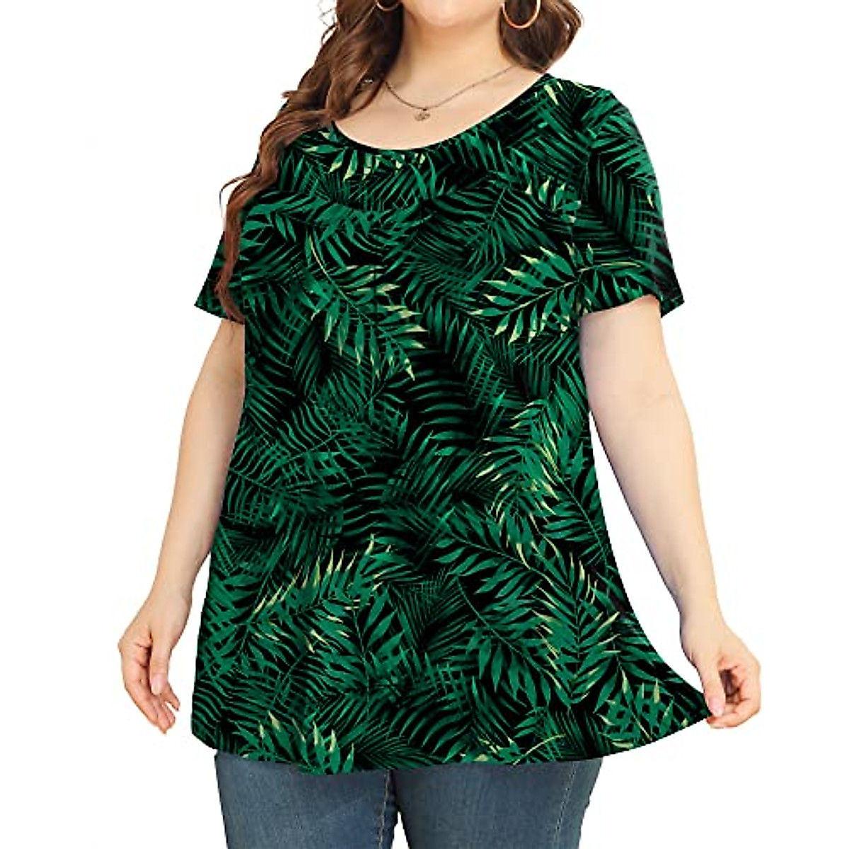 JUEYUN Plus Size Women's 2023 Casual Summer Short Sleeve Tops Loose Flowy Tunic Cute Pleated Flower Print Tee Shirts,Leaf Green,2X-Large
