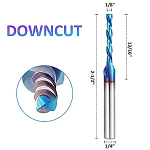 HQMaster 5 Pcs Spiral CNC Router Bits Set Down Cut 1/4” Shank Solid Carbide Spiral Downcut CNC Bits with Nano Blue Coating End Mill for Wood Cut Carving Engraver 1/8" Cutting Dia.