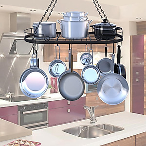 TICKCACY 33” Oval Pan Rack Hanging, Heavy Duty Ceiling Pot Rack with Hooks, Metal Pot Rack Hanging with Grid, Pot and Pan Hangers for Kitchen Cookware Utensils Toiletries, Easy Assembly, Black