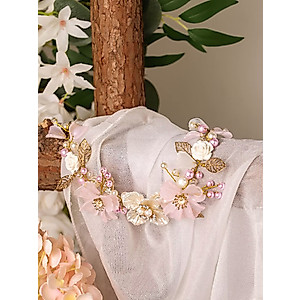 Campsis LED Flower Girl Headpiece Glowing Pearl Princess Light up Headband for Wedding Leaf Floral Crystals Frist Communion Hair Accessories Prom Birthday for Girls (Gold)