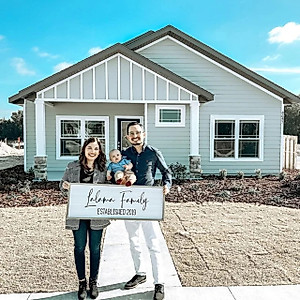 Personalized Framed Wooden Family Name Sign (6" x 18", Weathered Grey Frame, White Background)