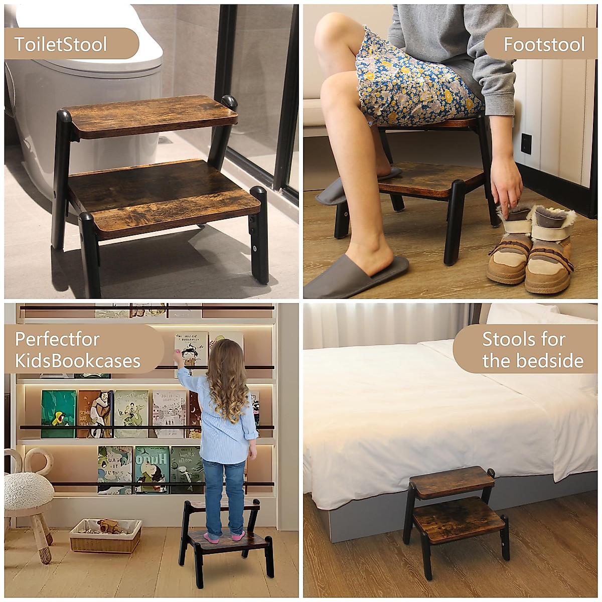 Azysow Wooden Step Stool for Adults Kids,Bedside Step Stools for High Beds,Kitchen Step Stool,Heavy Duty Sturdy 2 Step Stool,Widened Metal Frame, Holds up to 500 LB(Brown)