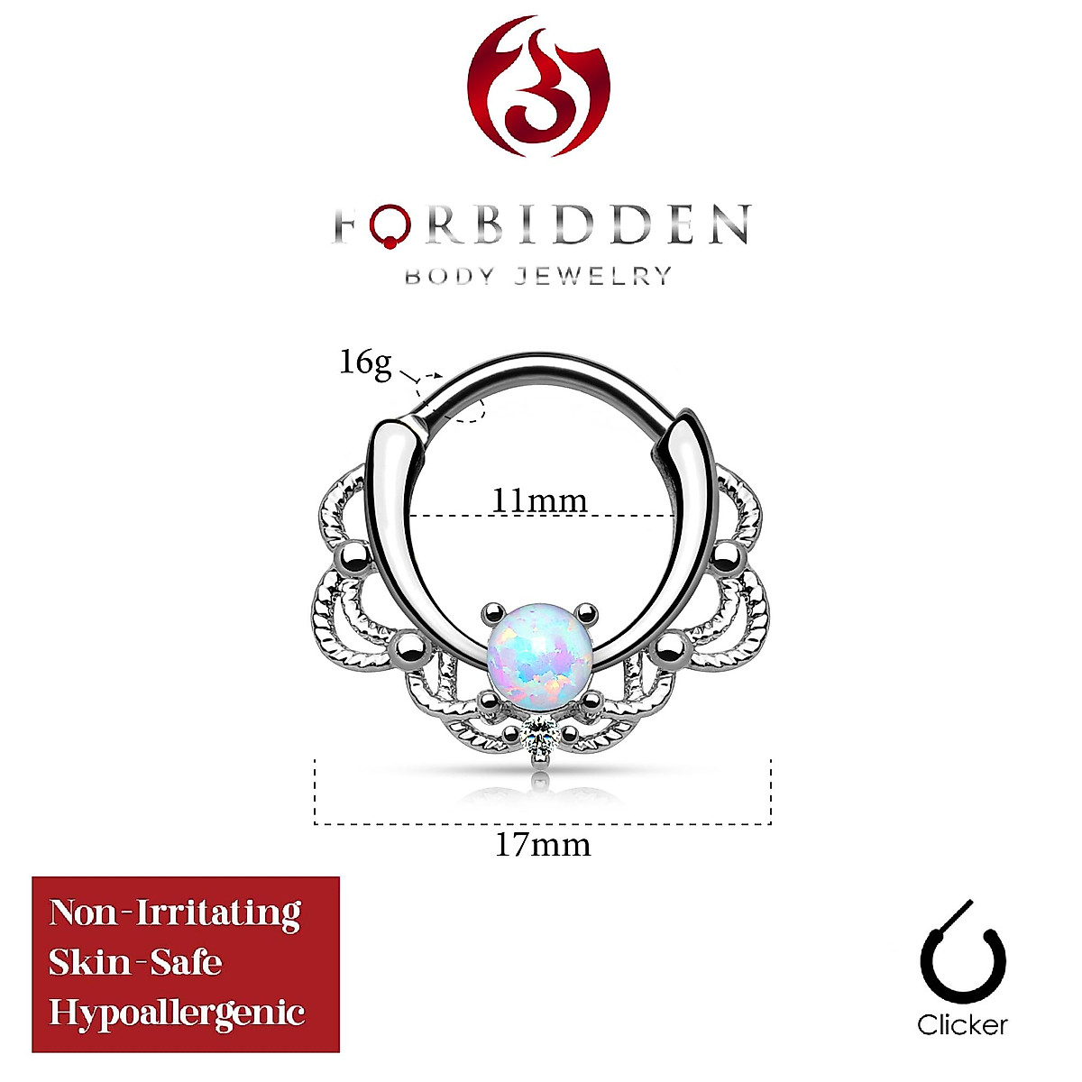 Forbidden Body Jewelry 16g Synthetic White Opal Surgical Steel Filigree Lacey Detail Septum Hoop Clicker Ring