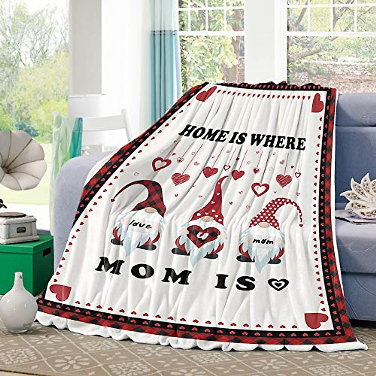 SUN-Shine Luxury Fleece Throw Blankets, Mother's Day Gnomes with Love Quotes Fuzzy Flannel Throws Super Soft Cozy Warm Blanket for Home Couch Sofa Bed Chair Red Black Buffalo Plaid