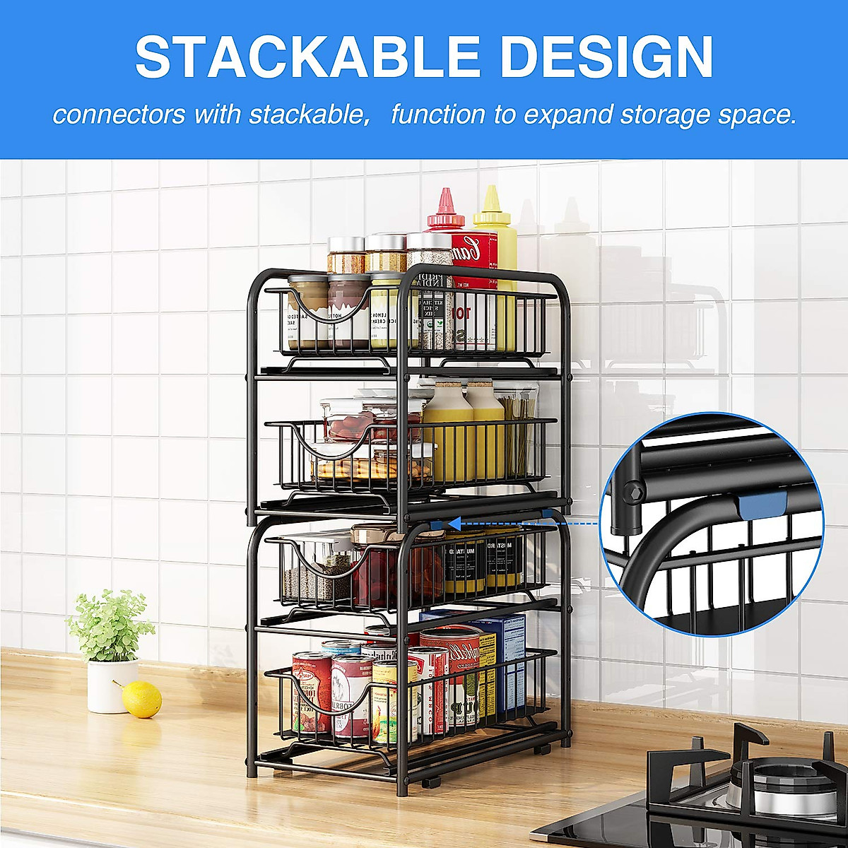 AIYAKA under sink storage 2 Tier Stackable Sliding Basket Organizer Drawer For Kitchen And Bathroom/Cabinet Drawers,2-piece,black