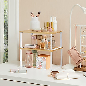 SONGMICS Bamboo Shelf Organizers and Metal Shelf Organizers Bundle, Stackable, Expandable Kitchen Shelves, Silver, Natural and White UKCS01SV and UKCS02NW