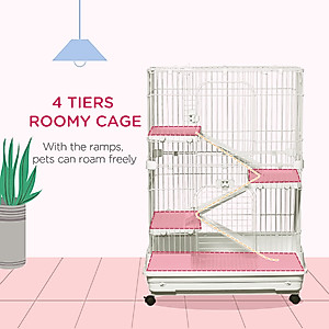 PawHut 4-Level Small Animal Cage Rabbit Hutch with Wheels, Removable Tray, Platform and Ramp for Bunny, Chinchillas, Ferret, White