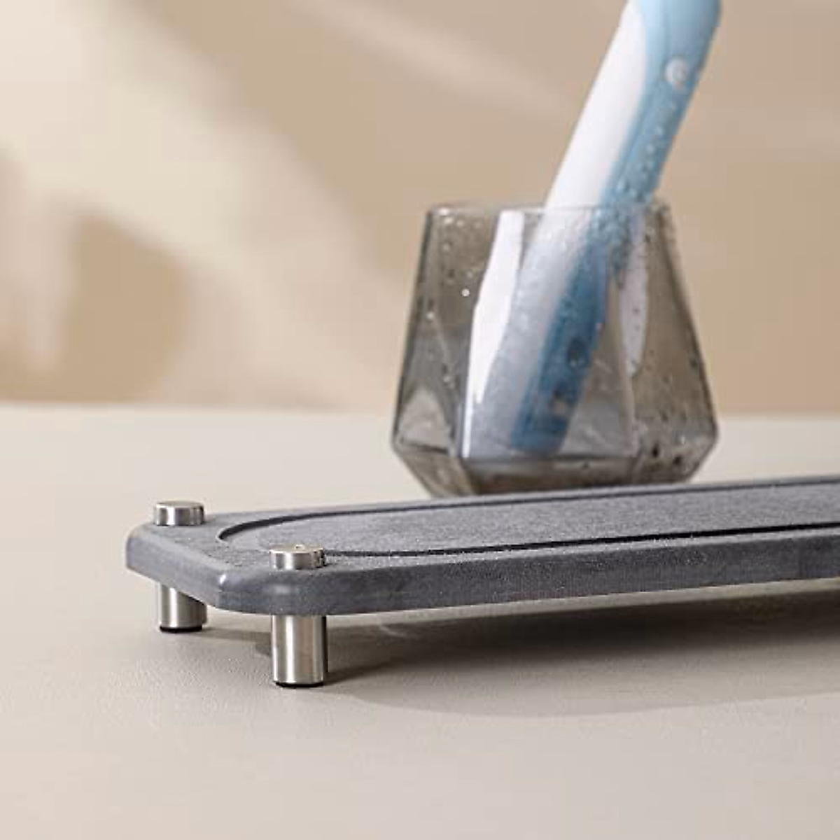 NiuYichee Home Sink Caddy with Grooves, Stainless Steel Feet with Rubber Bottom, Water Absorbing Stone Used for Hand Soaps & Brushes & Toiletries in The Modern Home