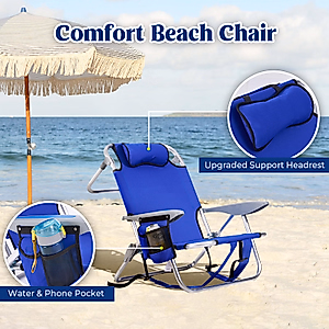 Canpsky Portable Beach Chair for Adults, Outdoor Lightweight Camping Chair Lay Flat Folding Backpack Beach Reclining Chair with 4 Positions, Headrest, Cooler Pouch, Cup Holder, New Striped