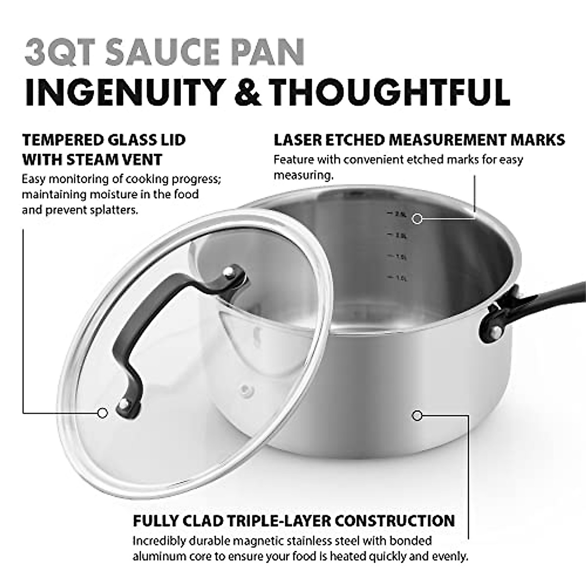 GrandTies Tri-Ply Stainless 3-Piece Induction Pots and Pans Set, Casserole Stockpot, Frying Pan, Kitchen Cooking Pot with Lid and Black Metal Handle, Dishwasher Safe Cookware