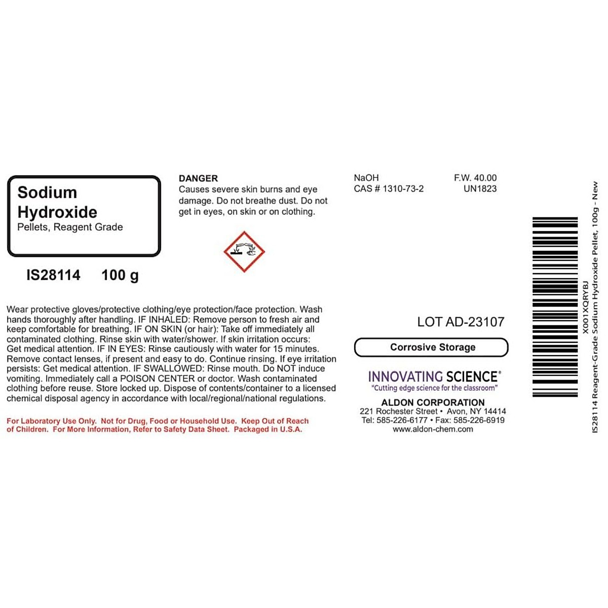 ALDON Innovating Science Reagent-Grade Sodium Hydroxide Pellet, 100g - The Curated Chemical Collection