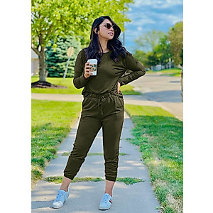 PRETTYGARDEN Women's 2024 Fall Two Piece Outfit Long Sleeve Crewneck Pullover Tops and Long Pants Tracksuit (Army Green,Medium)