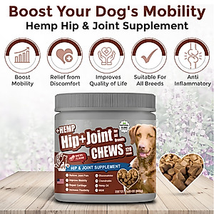 Maggie & ME Dog Pain Relief Hip and Joint Supplements | Glucosamine for Dogs 600mg | Organic Hemp Seed Powder/Oil 650mg | Chondroitin, MSM, Turmeric, Vitamins C & E+ | 120 Bacon Mobility Supplements