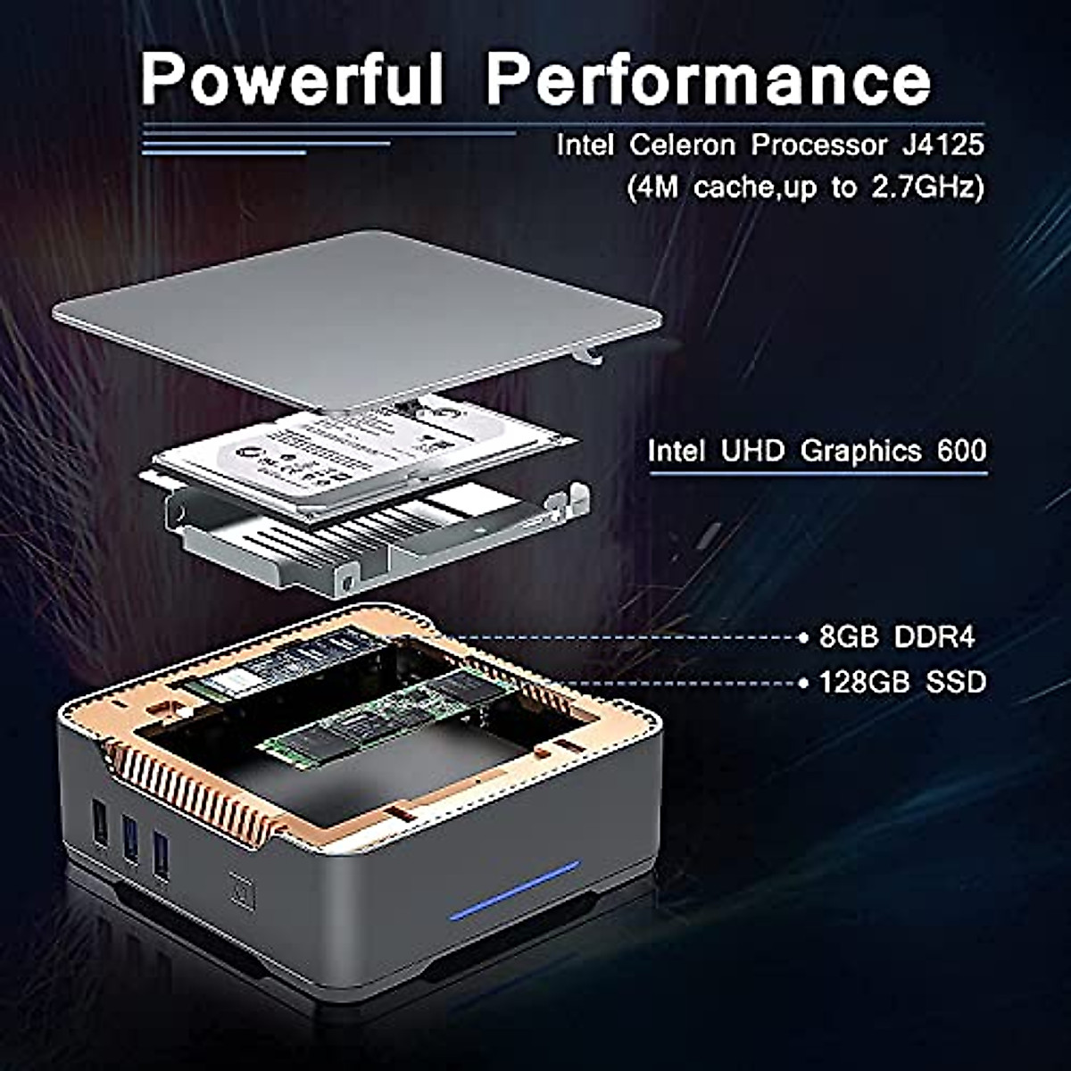 Mini PC Intel Celeron J4125 (up tp 2.70Ghz) 8GB RAM 128GB HDD ROM Quad-Core Windows 11 Computer