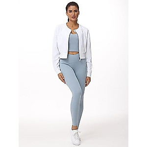 THE GYM PEOPLE Women's Cropped Jackets Full Zip Long Sleeve Ribbed Workout Sweatshirts Lightweight Casual Tops White