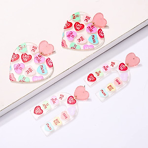 Heart Earrings Love XOXO Heart Message Printed Lucite Arch Dangle Earrings Galentines Valentines Day Gifts for Her Women