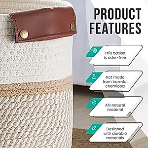 Organizix 3 Pack Woven Cotton Rope Shelf Storage Basket with Leather Handles, Baby Nursery Storage Bin Organizers, Closet Shelf Storage - 15 x 10 x 9, White/Brown