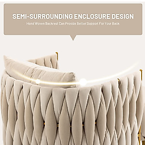 NIOIIKIT Modern Velvet Accent Chair with Storage Ottoman, Upholstered Hand Woven Lounge Chair with Pillow, Luxury Armchair, Vanity Chair for Living Room, Bedroom, Office (Beige)