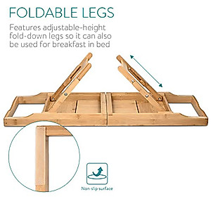 Navaris Bed and Bath Tray - Wooden Rack with Folding Legs - Bamboo Bathtub Caddy Bridge Shelf with Book or Tablet Stand - Natural Brown