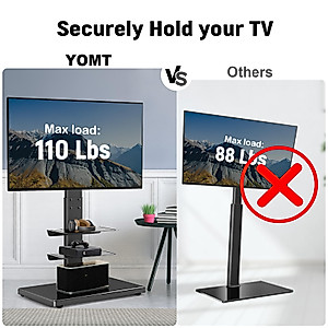 YOMT Floor TV Stand with Sturdy Wood Base, Tall Universal TV Stand with Mount for Most 32-75 inch TVs up to 110 lbs, Height Adjustable TV Stand with Swivel, TV Mount Stand with Media Shelves, Black