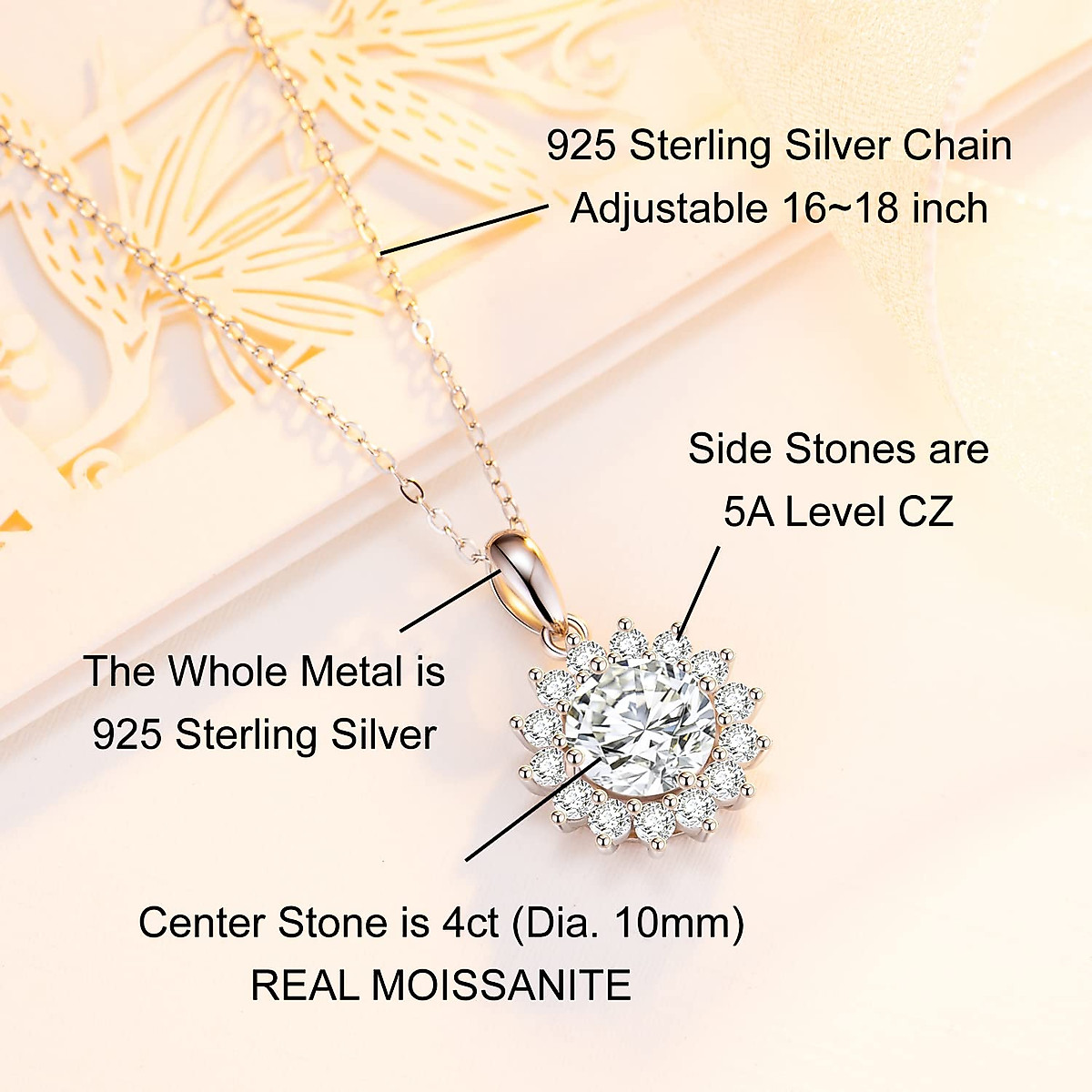 SecreTalk 1-4CT Moissanite Pendant Necklace for Women, Sunflower 18K White Gold Plated Silver Diamond Necklace Gift for Wife Mother Her (4CT)