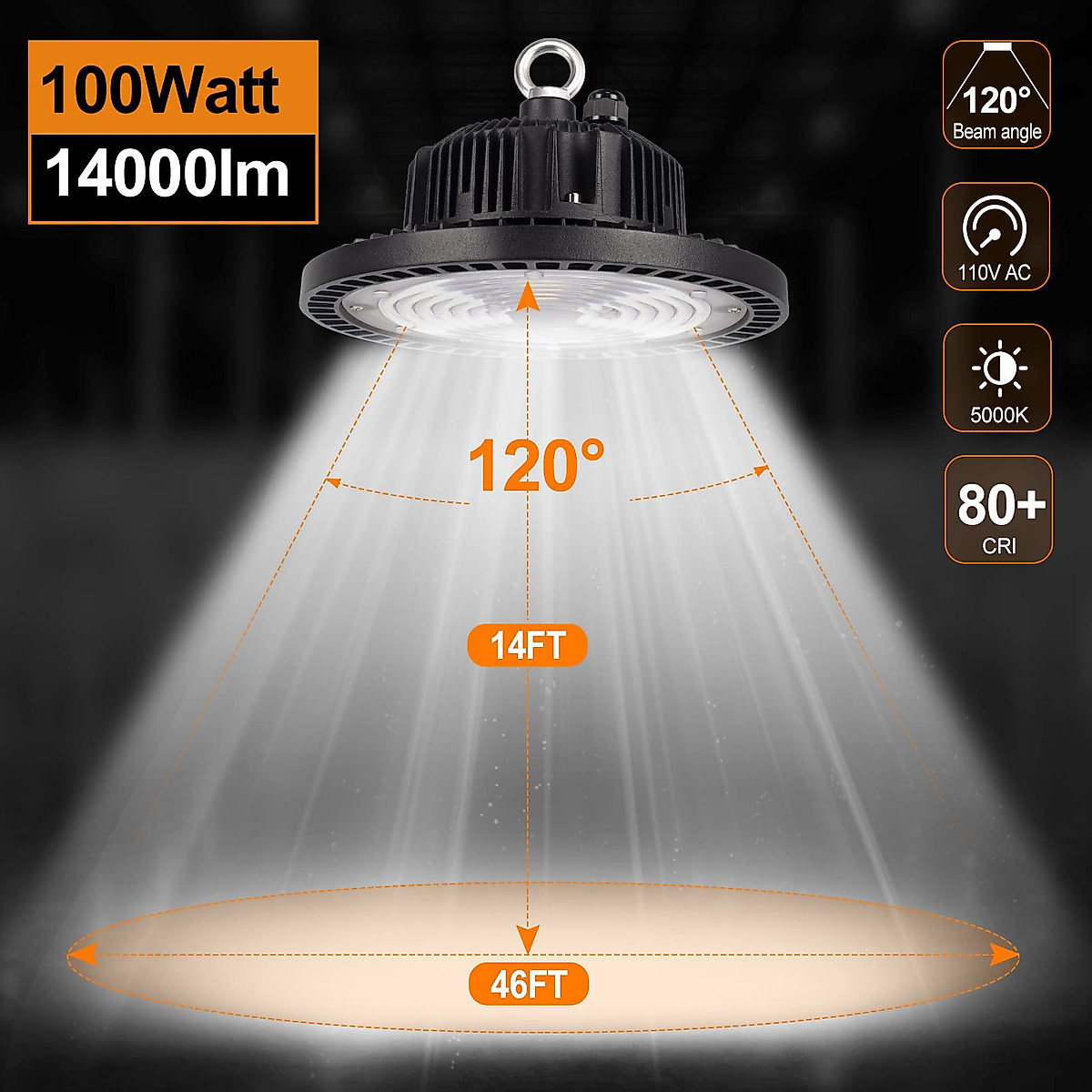 CT CAPETRONIX High Bay LED Lights, UFO LED High Bay Light 100W, 13,000LM (130lm/w) 5000K 400W HPS Equivalent, 5' Cable with AC85-265V Plug for Warehouse,Garage,Gym,Retail Stores.