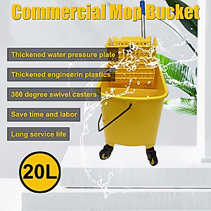 HQHAOTWU Mop Bucket Thickened Plastic Extrusion Water Bucket 20L Commercial Mop Extrusion Water Bucket Yellow Wastewater Separation Draining Bucket with Universal Castors Handle Drainage Outlet