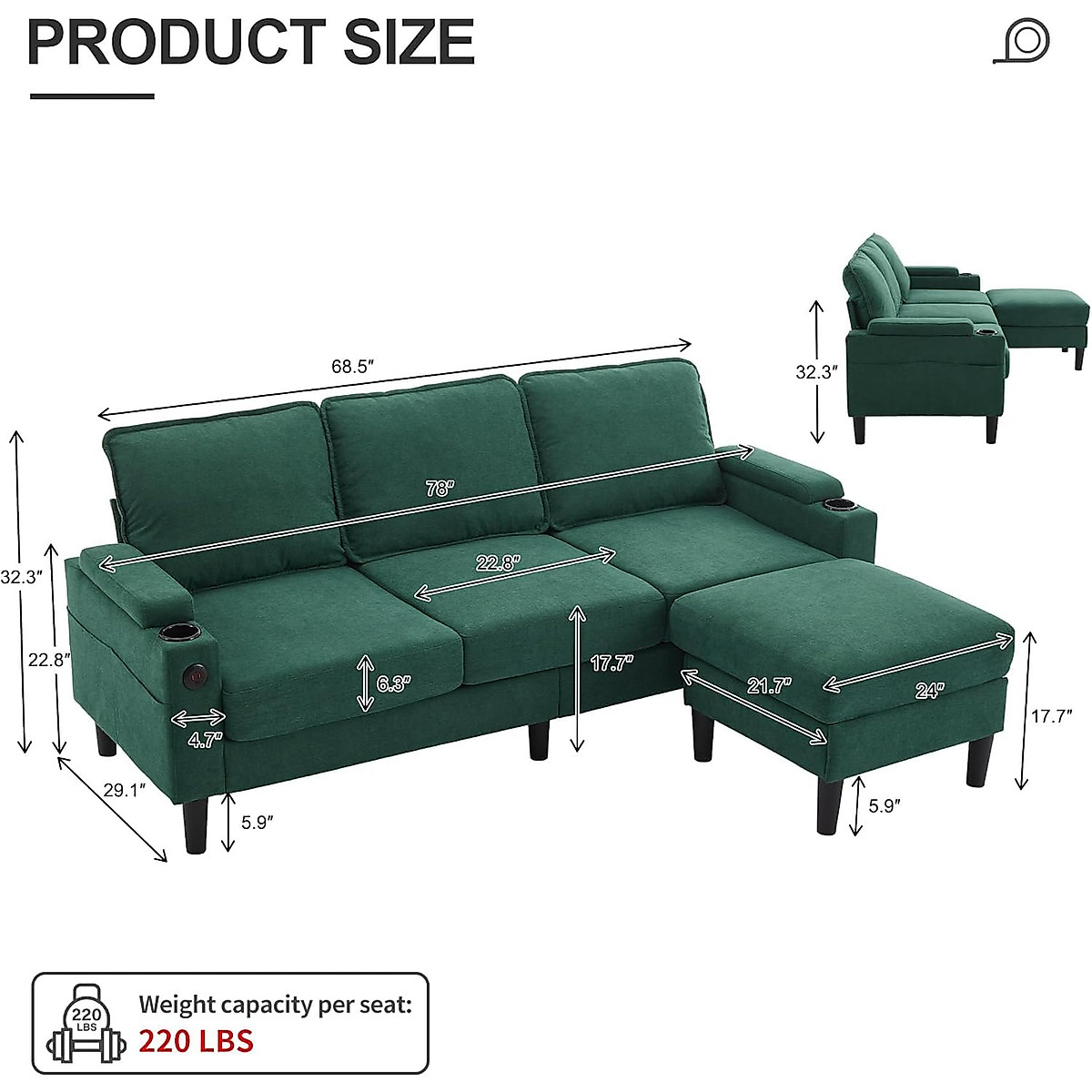 78'' Sectional Modular Sofa L Shaped Couches for Living Room, Small 3 Seat Sofa Couch with Storage Ottoman, Comfy Linen Fabric Upholstered Couch with USB Ports & Cup Holder Furniture, Green