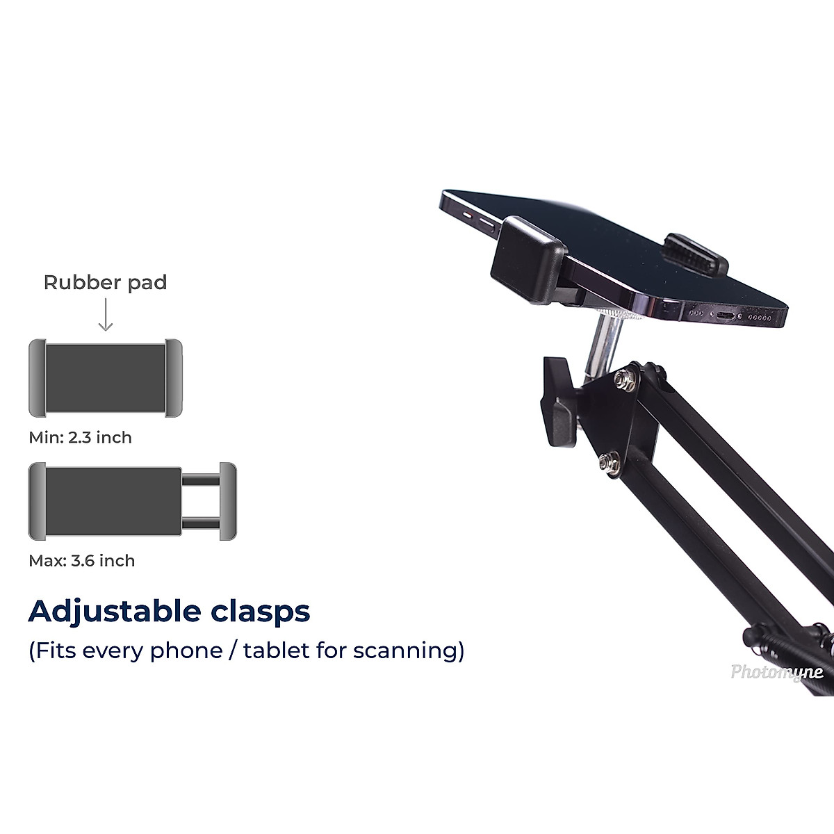 PHOTOMYNE Sturdy Flexible Phone Holder for Desk, Table, Office, Kitchen with Clamp for Photo Album Scanning, iPhone Holder for Desk- Black