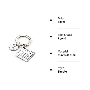 onlylove-handmade Personalized Engraved Calendar Date Keychain Custom Message Stainless Steel Keyring Memorial Keepsake Gift for Anniversary (Silver)