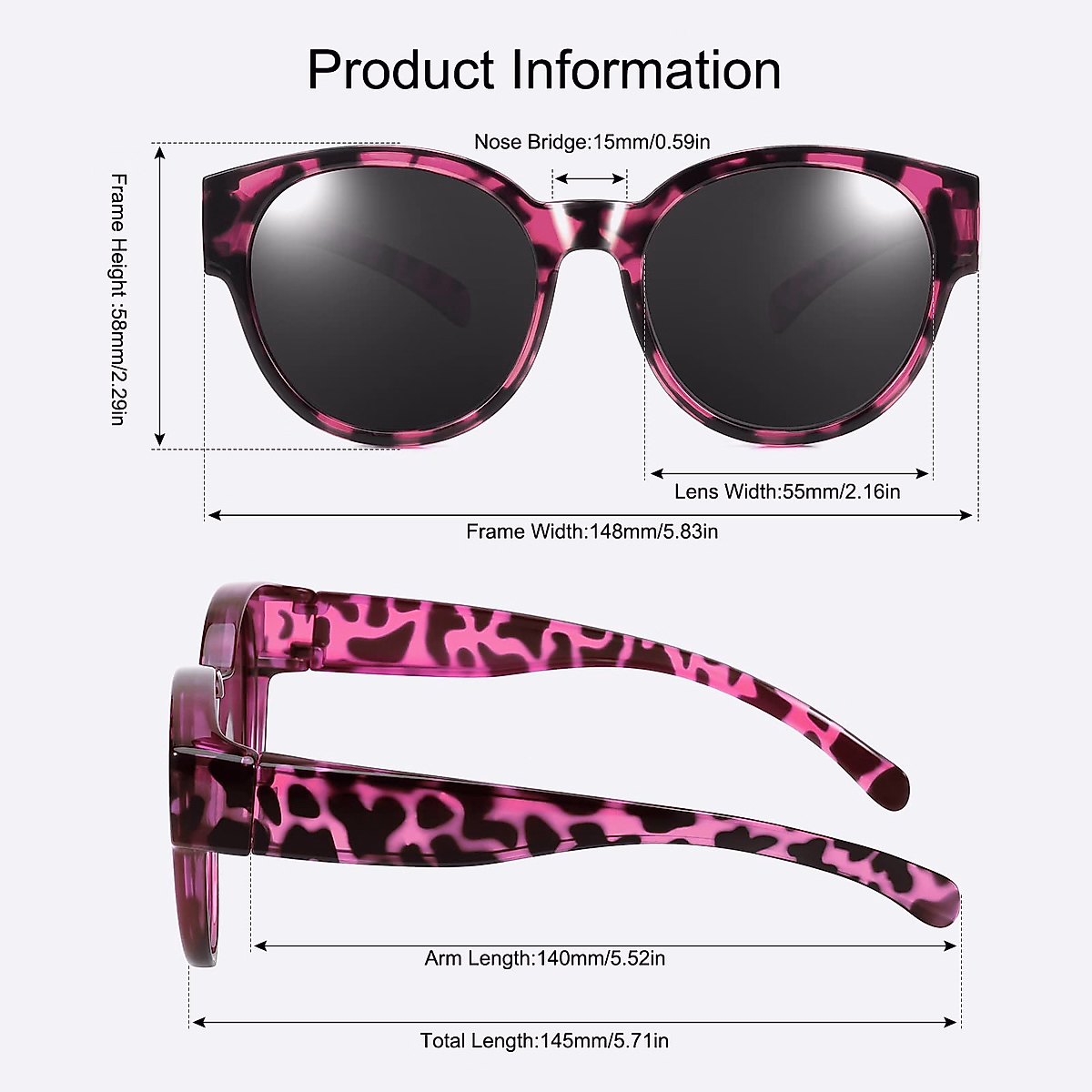 Br’Guras Polarized Oversized Fit over Sunglasses Over Glasses with Cat Eye Frame for Women&Men (Purple leopard, Black)