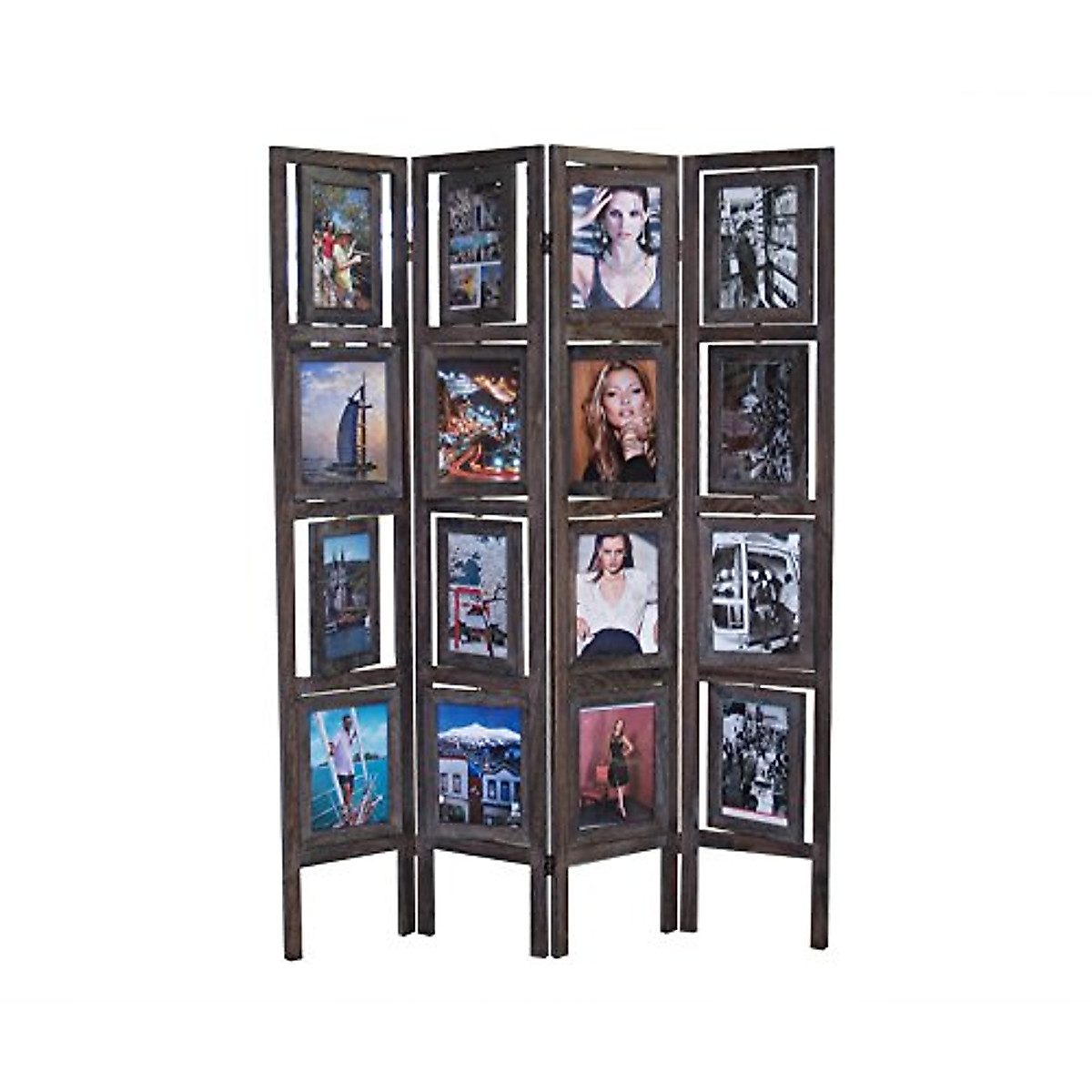 Proman Products Oscar II Scenic 4 Panel Folding Screen Room Divider FS16773 with 16 Picture Frames Display 32 Pictures, Paulownia Wood, Smoked Brown Finish, 54" W x 1" D x 67" H (Max Extends)