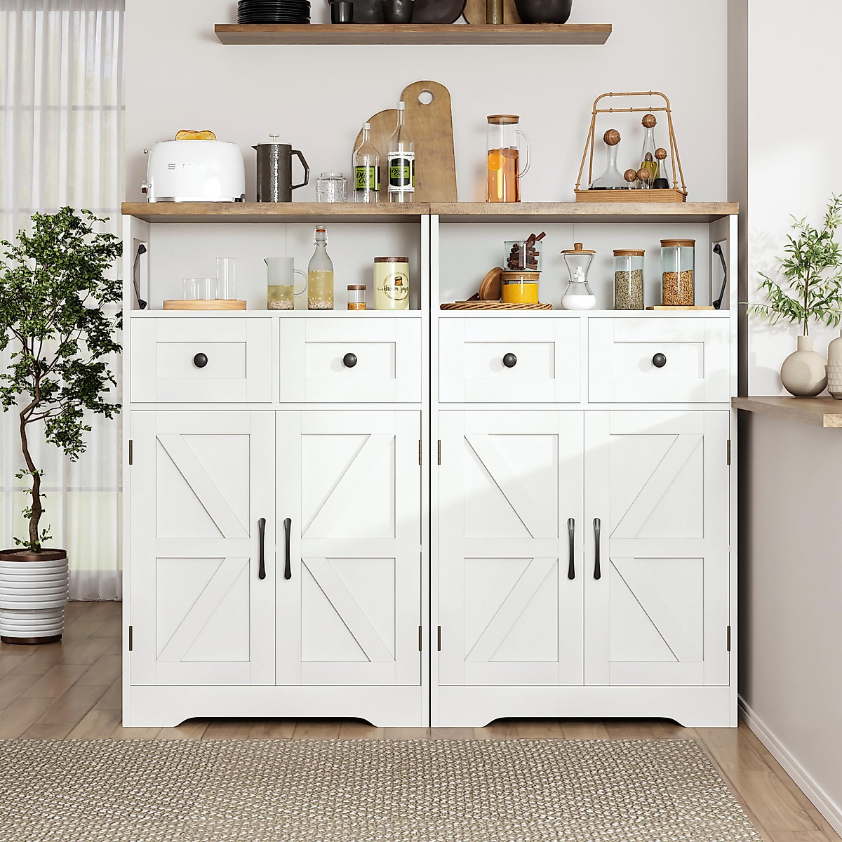 Befrases Farmhouse White Storage Cabinet with Doors and Drawers, Freestanding Kitchen Pantry Cabinet, Floor Storage Cabinet Hutch Cupboard for Kitchen/Laundry/Living Room/Bedroom