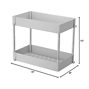 DMTVAL 2 Tier Under Sink Organizer Rack, Under Sink Storage for Bathroom and Kitchen with 4 Hooks and Dust lid, Bathroom Kitchen Multipurpose Under Sink Shelf Organizer (1, Grey)
