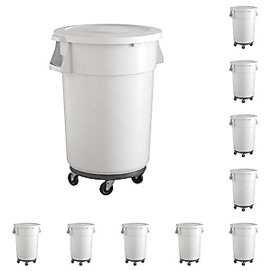 10-Pack! 44 Gallon White Round Commercial Trash Can with Lid and Dolly, Perfect for Restaurant, Office, School, Garage, Backyard, Workshop, Warehouse