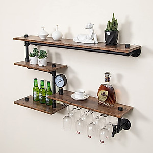 HEONITURE Bar Shelf Industrial Pipe Shelving 4 Stem Glass Holder,39in Floating Wine Rack Wall Mounted Shelves,Hanging Liquor Shelves,Display Rack Home Bar Living Room Black 7.87Dx7.87Wx23.6H''