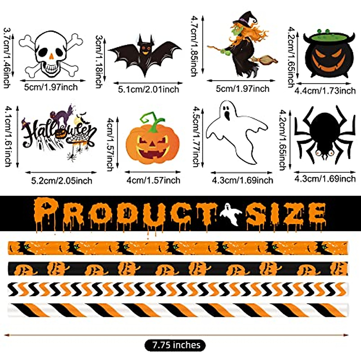 Hotop Halloween Party Supplies Includes 56 Disposable Paper Drinking Straws, 64 Halloween Pattern Cards & 100 Self Adhesive Dots, Pumpkin, Wave, Bat & Stripe Straws for Halloween Party Favors