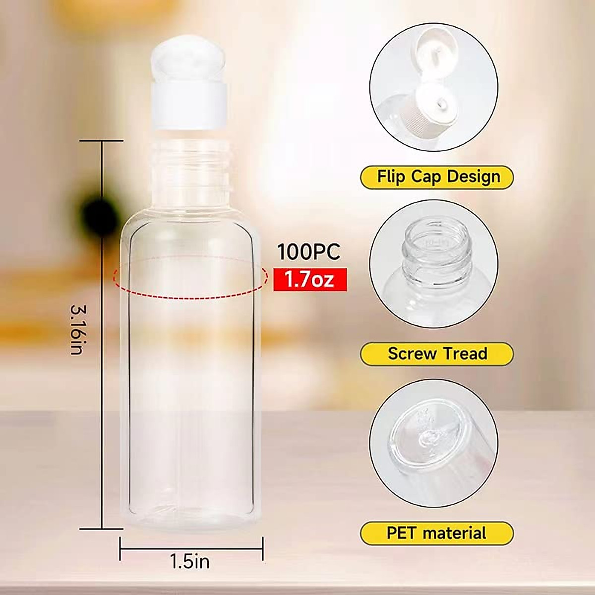 50 Pack 1.7oz/50ml Travel Plastic Empty Bottles Mini Hand Sanitizer Bulk Travel Size with Flip Cap, Squeezable Refillable Container for Cosmetic Baby Shower Birthday Wedding Party Favor (50PC-CLEAR)