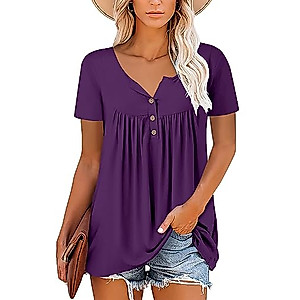 Mystry Zone Women's Vintage Short Sleeve Henley V Neck Pleated Tunic Shirt Purple Large