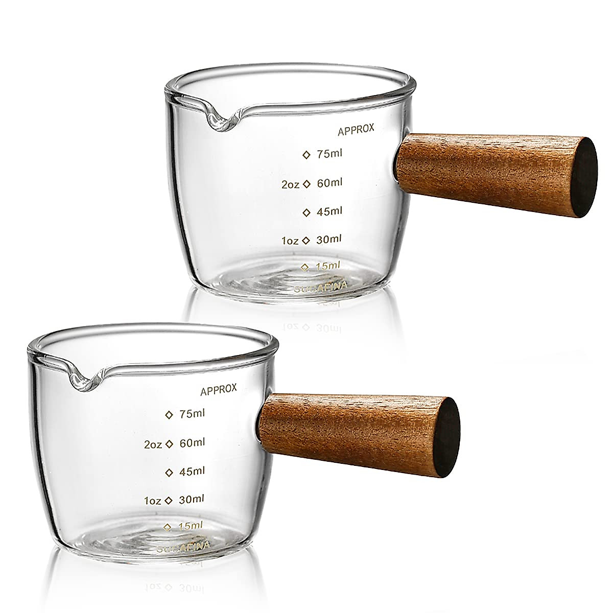 Single Spout Espresso Coffee Shot Glass with Wood Handle Measuring Cup Triple Pitcher Milk Cup Coffee Replacement Carafe for Barista Milk Espresso Making, 75 ml (2 Pieces)