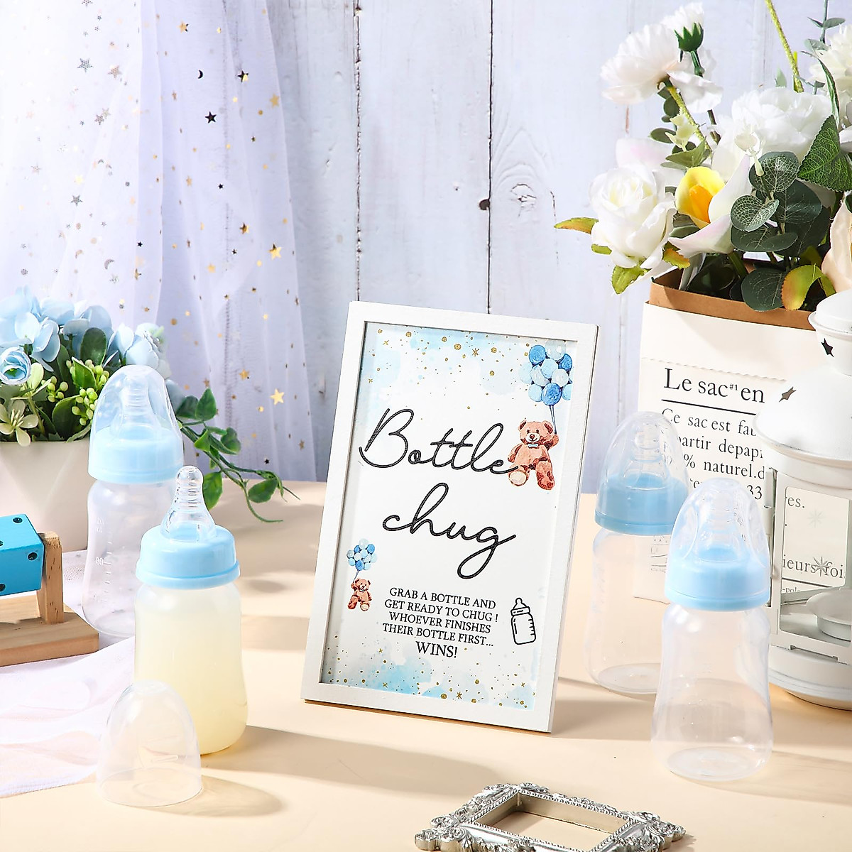 Roowest Bottle Chug Baby Shower Game Favors including Bear Theme Bottle Chug Game Wooden Sign and 18 Pcs Blue Baby Bottles for Baby Shower Game Gender Reveal Party Supplies