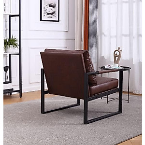 Nusetx Mid-Century Modern Accent Chair, Faux Leather Upholstered Living Room Chairs with Waist Cushion, Reading Armchair for Bedroom Sunroom, Brown