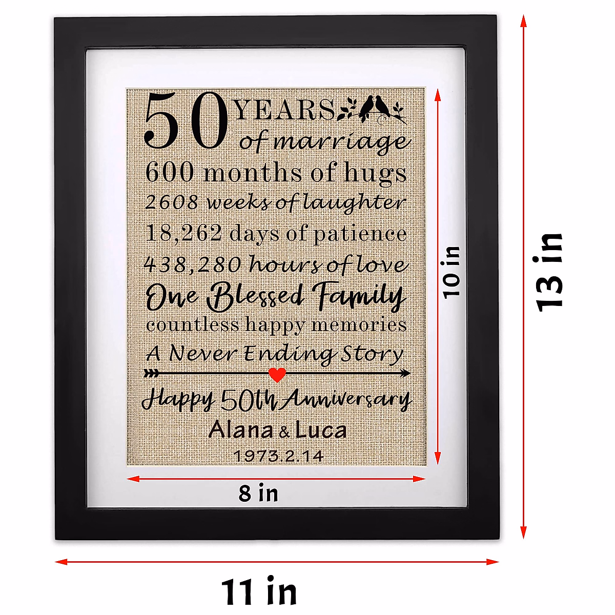 Personalized 50 Years Anniversary Gift for Parents Grandparents, 50 Years of Wedding Anniversary Burlap Print for Mom Dad, Golden 50 Years of Marriage Gifts, Happy 50th Anniversary Decoration