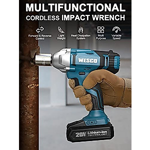 WESCO 20V Cordless Impact Wrench, 1/2",1602 In-lbs(180N.m),2.0A Li-ion Battery, LED Light 3 Pcs Drive Impact Sockets and 1 Hour Fast Charger