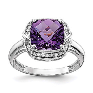 925 Sterling Silver Checkerboard Cut Amethyst and Diamond Ring Fine Jewelry For Women Gifts For Her, Size 8